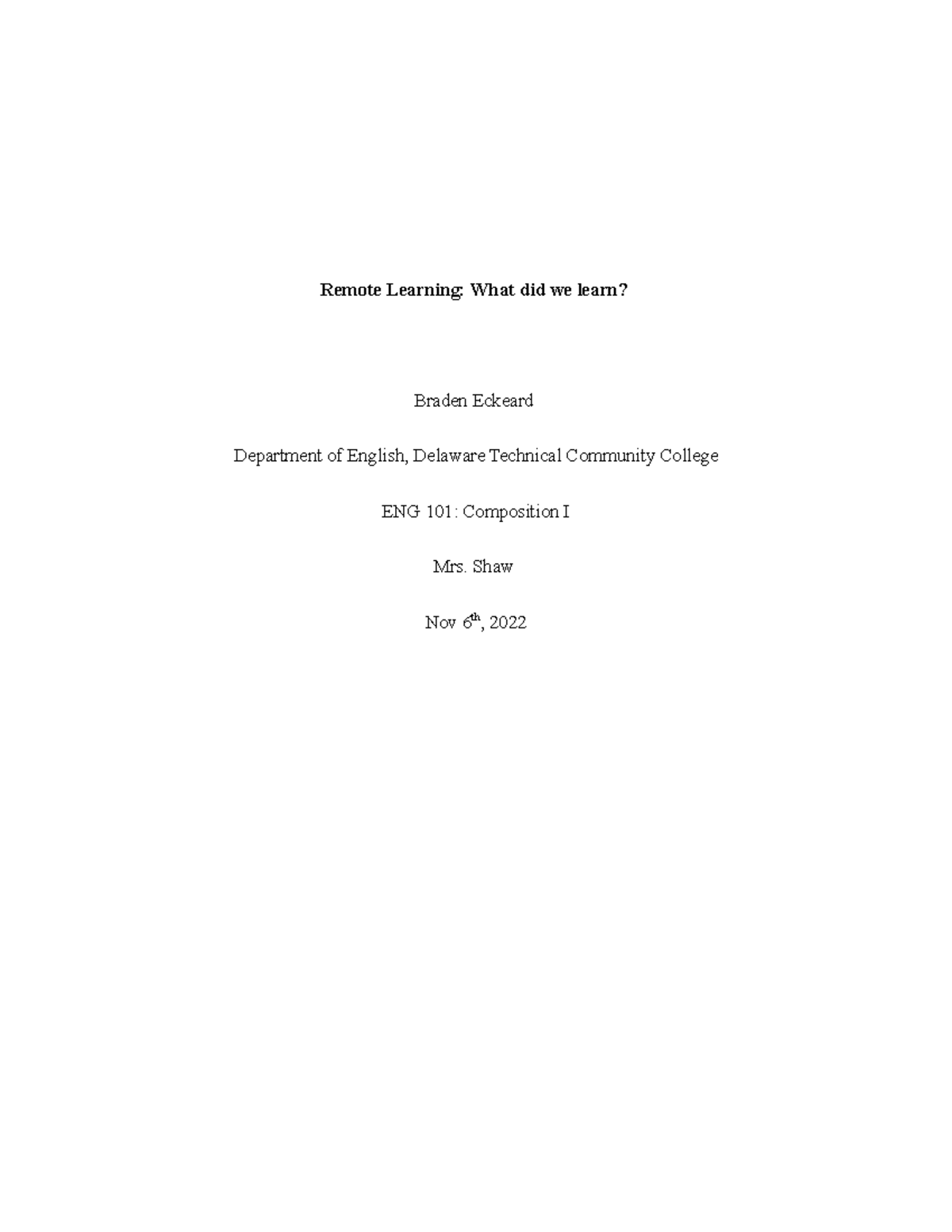 ENG 101: Reflection on Remote Learning During the Pandemic - Studocu