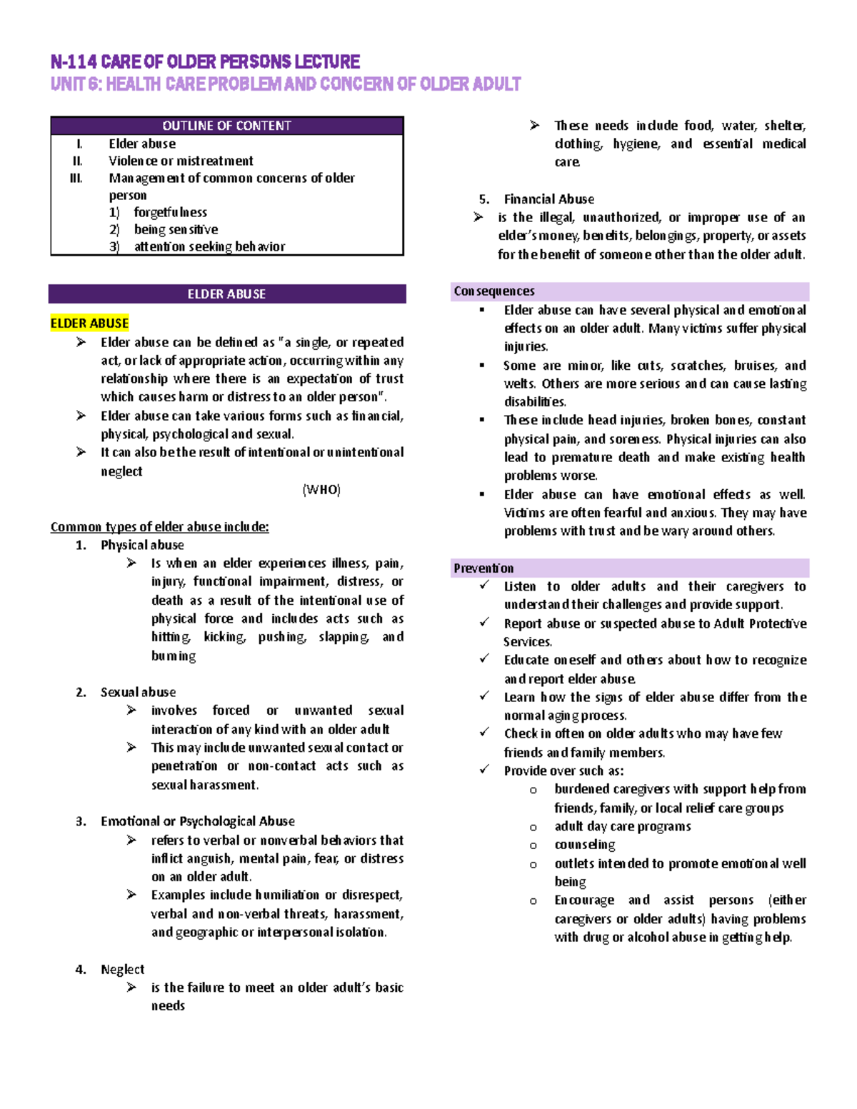 CARE OF OLDER PERSONS LECTURE UNIT 6: ELDER ABUSE & COMMON CONCERNS ...