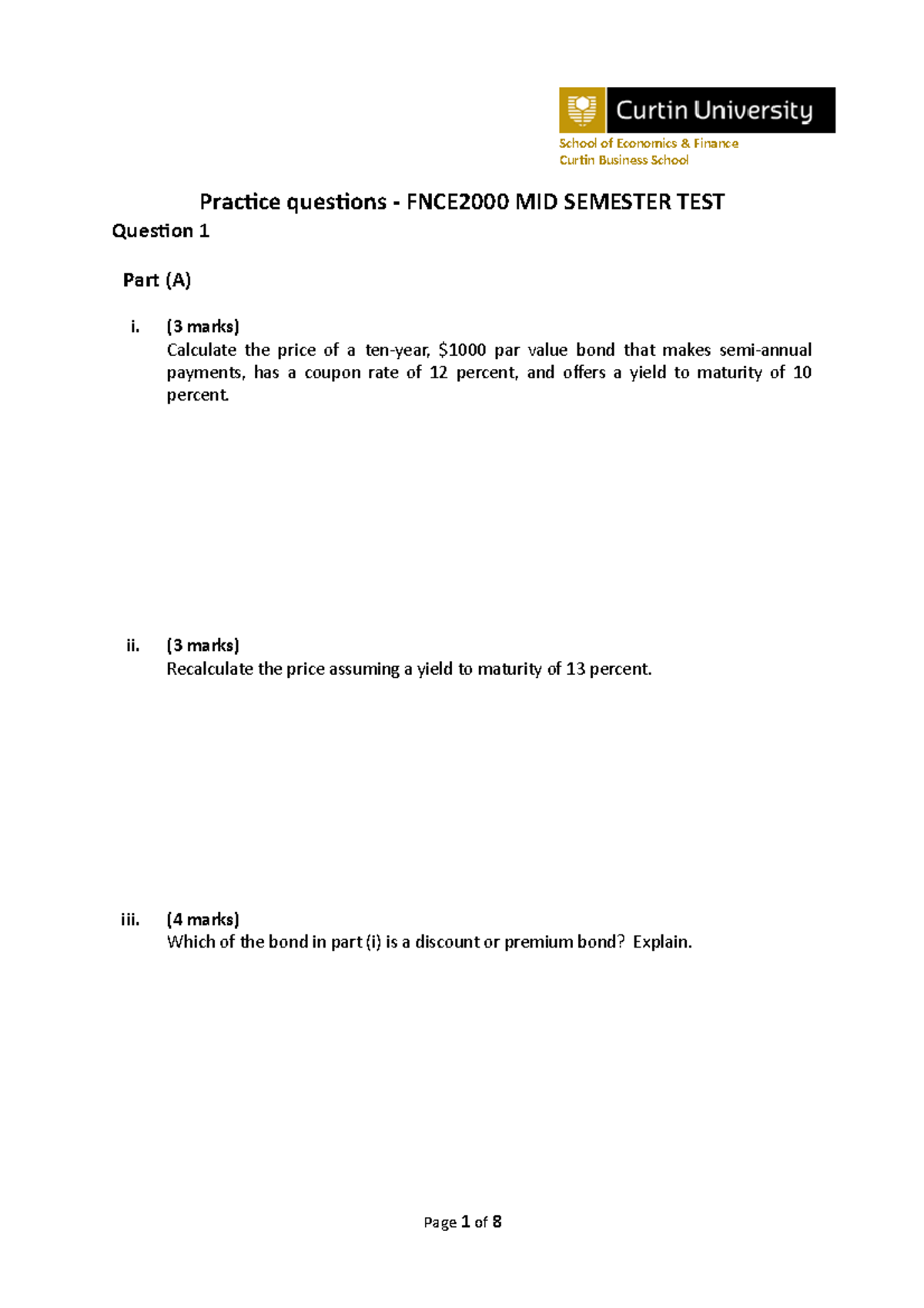 FNCE2000 Practice Questions MST student version(2) - School of ...