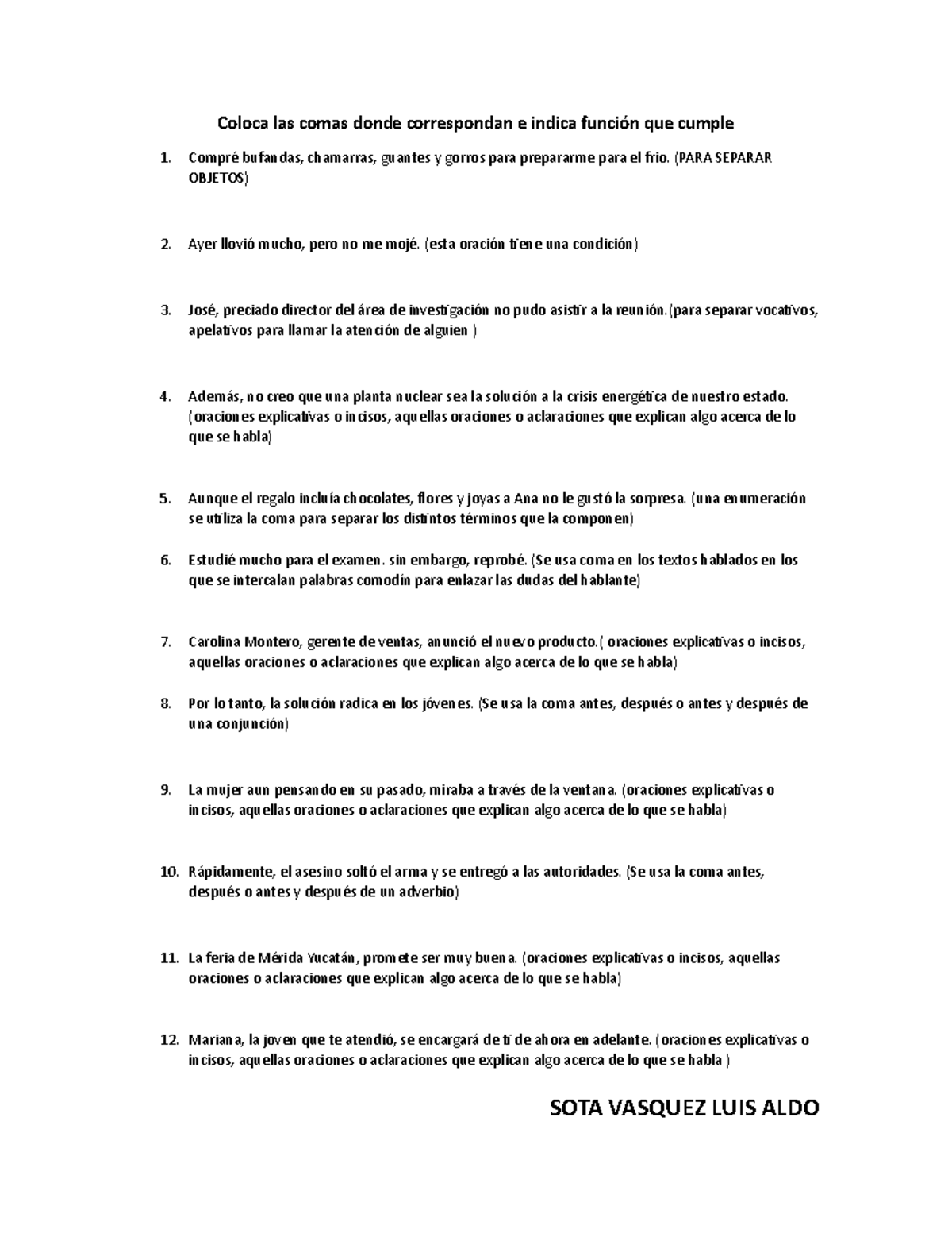 PRACTICA COMA COMUNICACION - Coloca las comas donde correspondan e indica función que cumple ...
