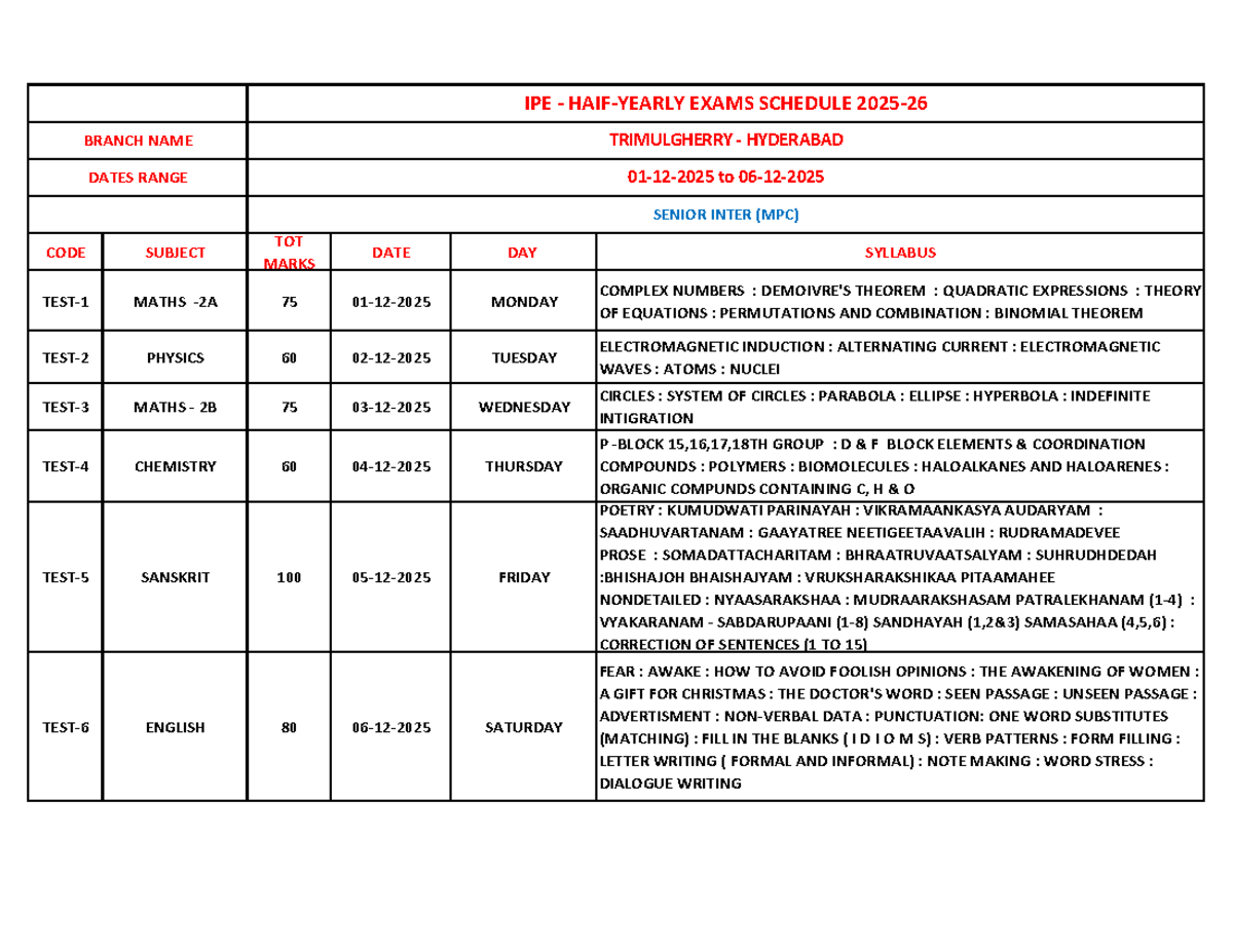IPE EXAM SCHEDULE FOR SENIOR INTER (MPC) - TRIMULGHERRY - Studocu