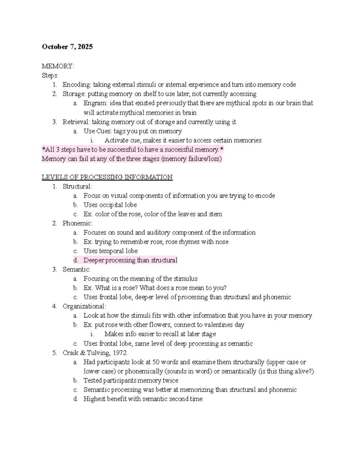 Psychology Cognitive - Memory Processes and Levels of Processing - Studocu
