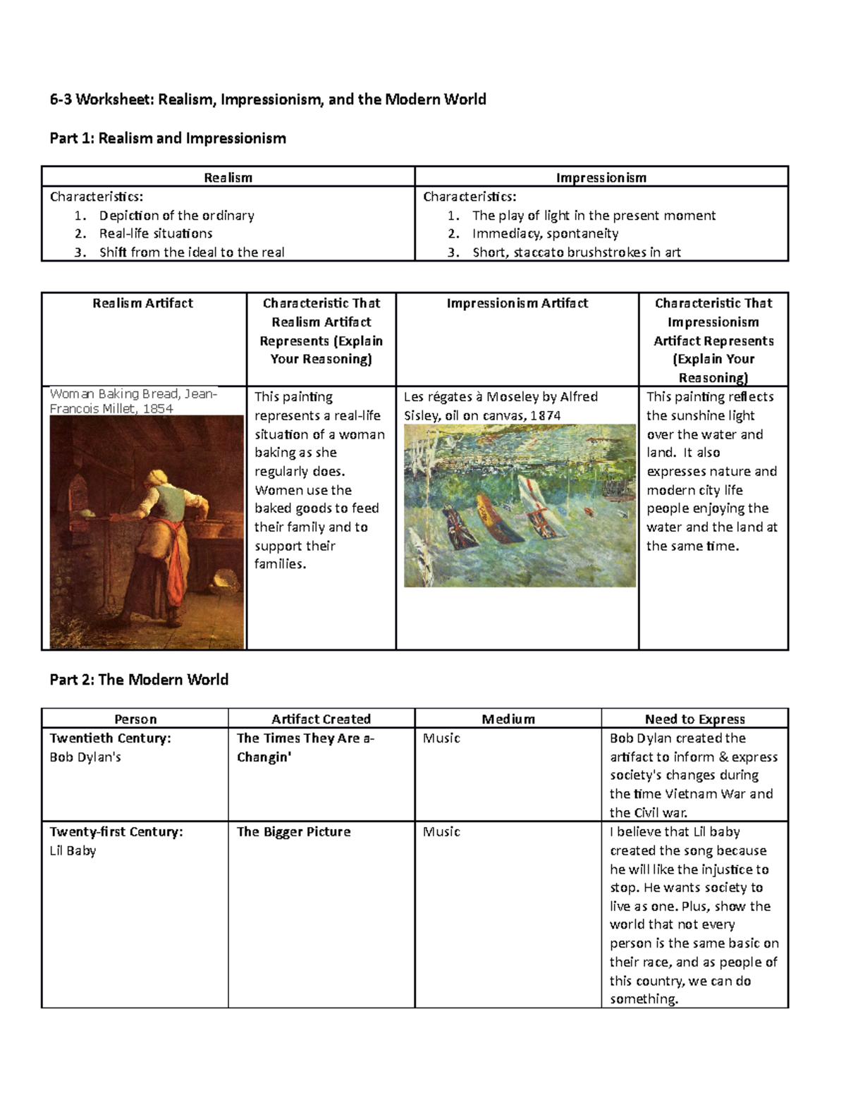 6-3 Worksheet - Realism, Impressionism, and the Modern World - The play ...