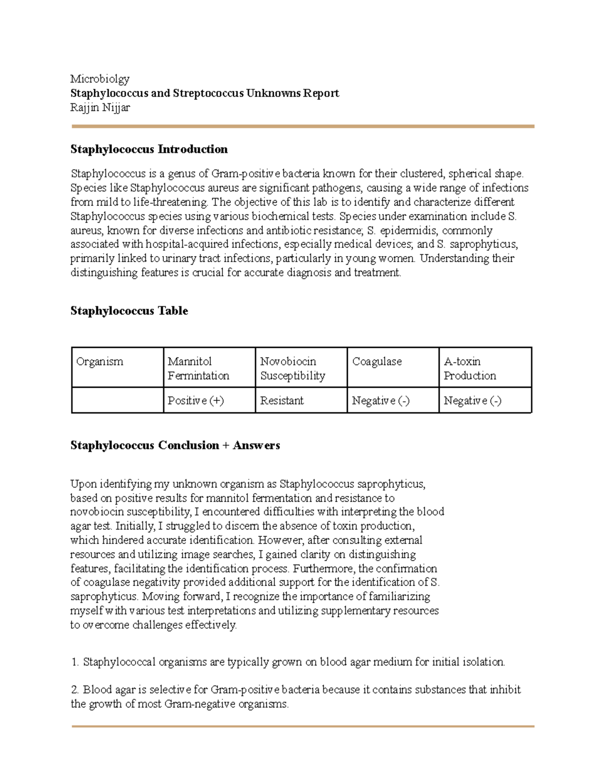 Final Lab Report on Staphylococcus and Streptococcus Unknowns - BIOL ...