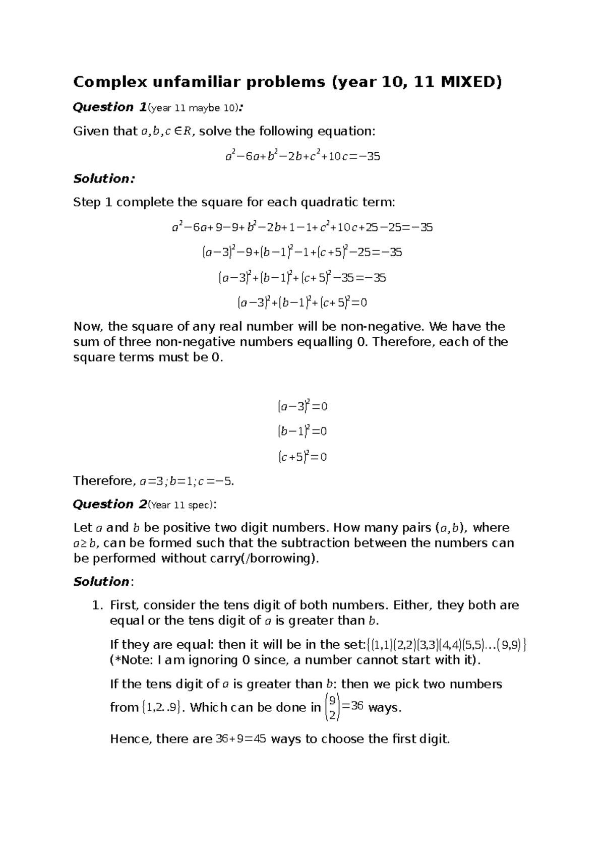 Complex Unfamiliar Problems (Year 10 & 11) - Question Analysis - Studocu