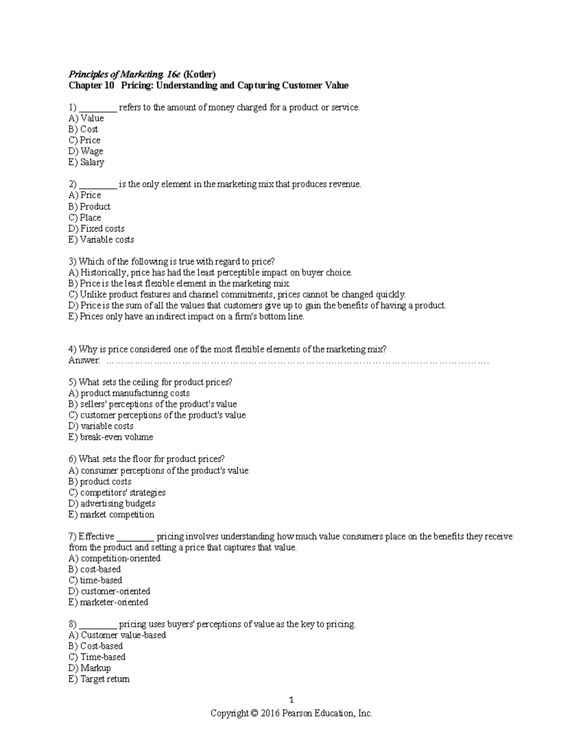 Multiple Choice Questions - Marketing Principles (Ch. 10) - Studocu