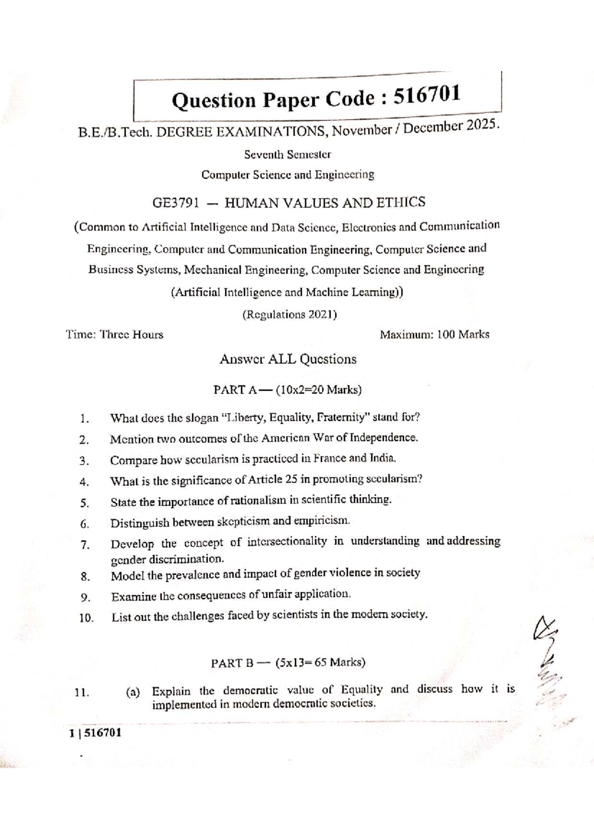 GE3791 QP NOV-DEC 2025 - Human Values and Ethics Exam - Studocu