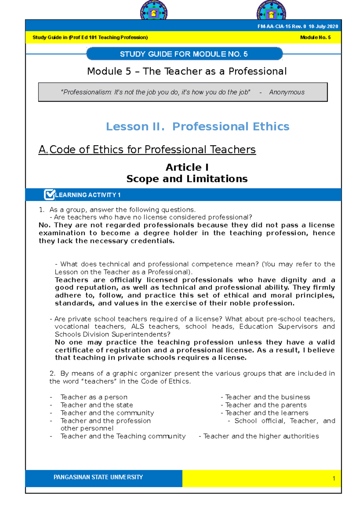 MOD5 Final - MODULE 5 PROFED 101 - Module 5 – The Teacher as a Professional “Professionalism: It ...