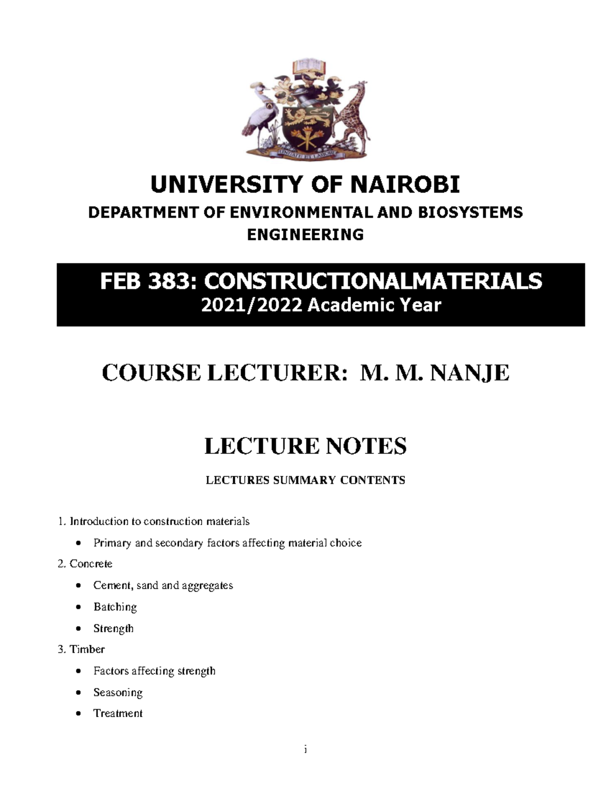 FEB 383: Building Materials Lecture Notes & Key Concepts - Studocu