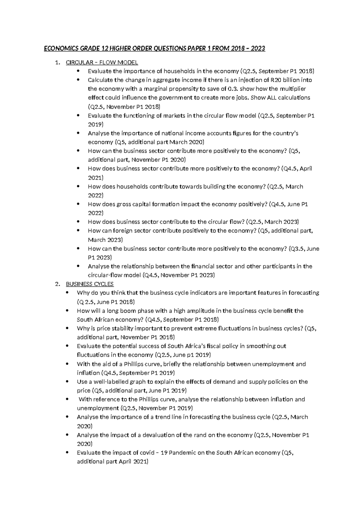 Economics Grade 12 Higher Order Questions Analysis (2018-2023) - Studocu