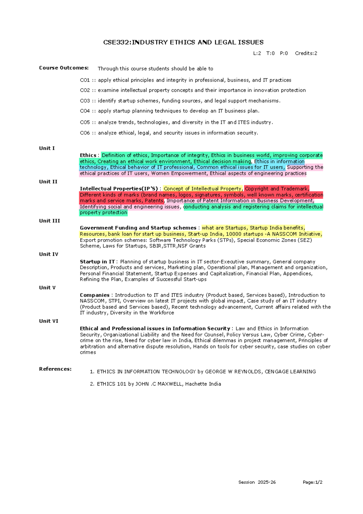 CSE332: Syllabus on Industry Ethics & Legal Issues in IT - Studocu