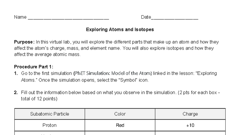 Exploring Atoms & Isotopes Lab Worksheet (CHEM 101) - Studocu
