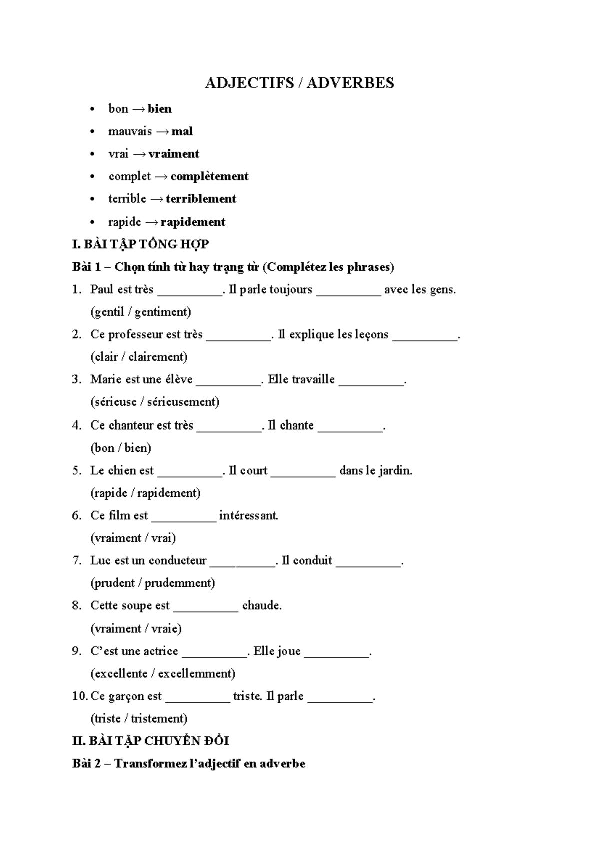 ADJECTIFS ET ADVERBES - EXERCICES ET RESSOURCES (NIVEAU 50) - Studocu