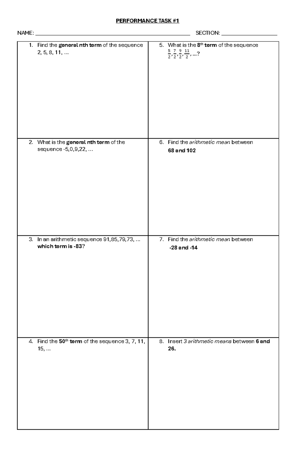Performance Task 1: Arithmetic Sequences & Means - Studocu