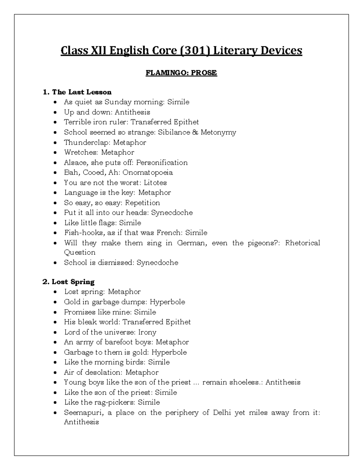 Class XII English Core (301) Literary Devices: Analysis of Prose Texts ...