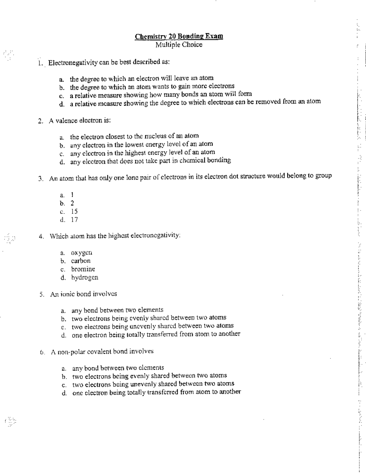 Chemistry 20 Bonding Exam Prep: Multiple Choice & Numerical Response ...