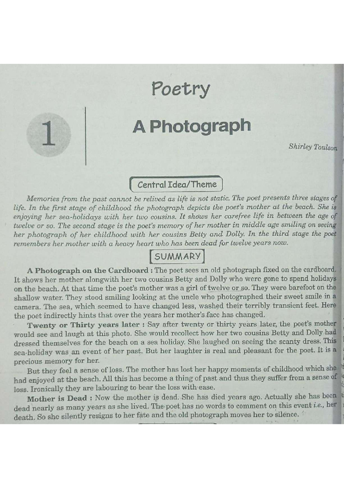 Poetry 1: A Photograph by Shirley Toulson - An Analysis - Studocu