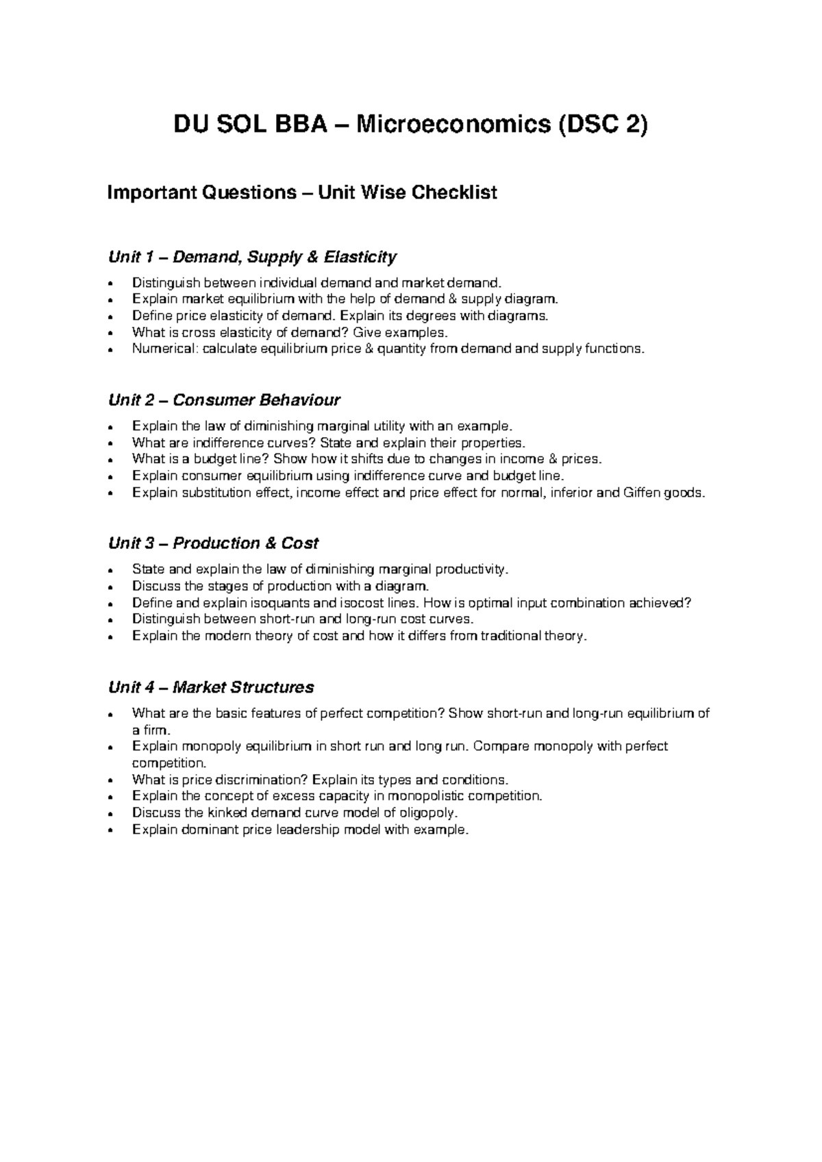 DU SOL BBA – Microeconomics Important Questions Checklist - Studocu
