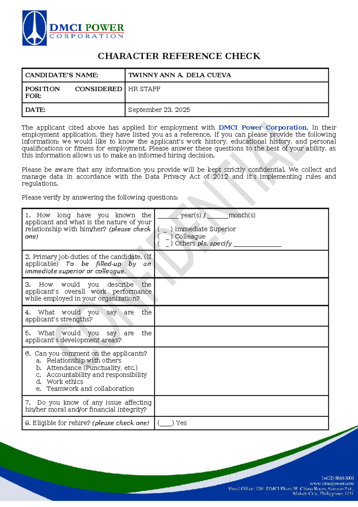Character Reference Check for HR Staff: Twinny Ann A. Dela Cueva - Studocu