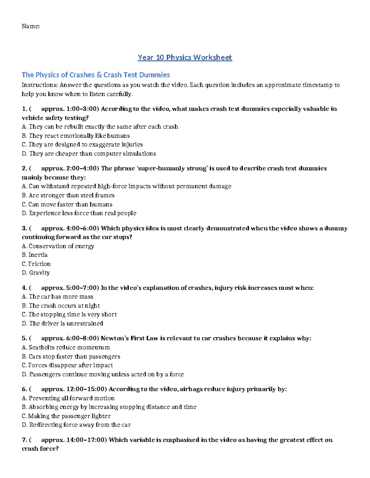 Year 10 Physics Worksheet: The Physics of Crashes & Dummies - Studocu