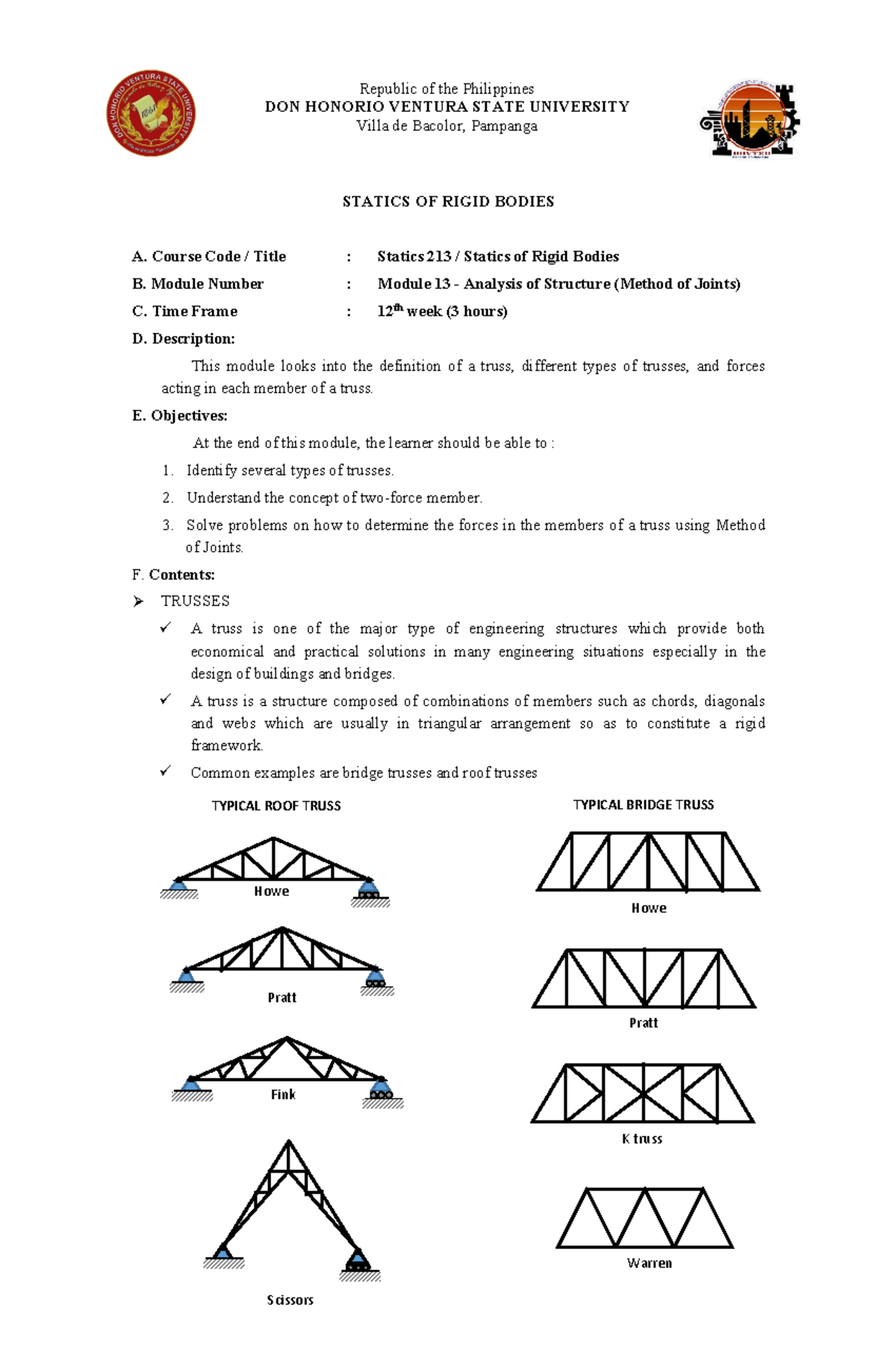 Module 13 - Method of Joints - STATICS OF RIGID BODIES A. Course Code ...