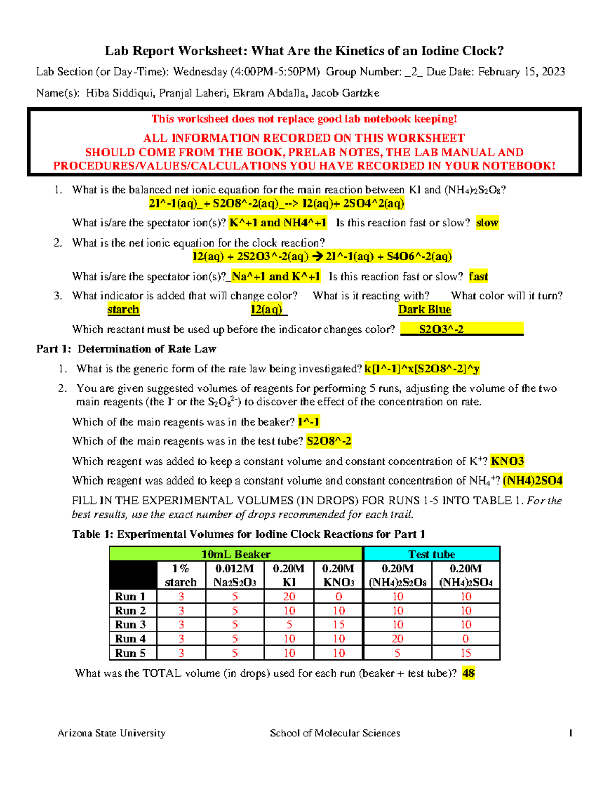 Kinetics of Iodine Clock Reaction Worksheet - Chem 301 Lab Final ...