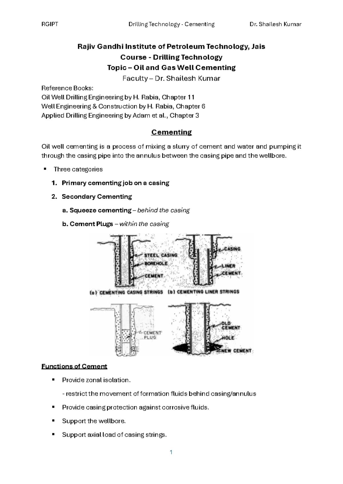 RGIPT Drilling Technology: Cementing Notes by Dr. Shailesh Kumar - Studocu