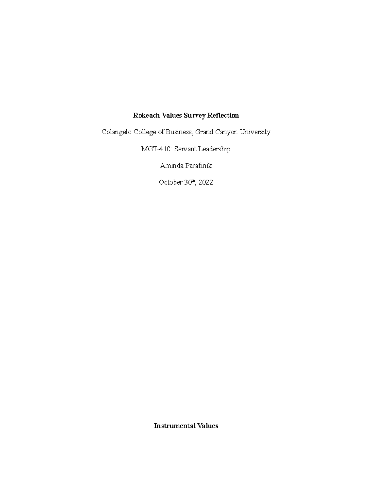MGT-410 Reflection on Rokeach Values Survey and Leadership Insights ...