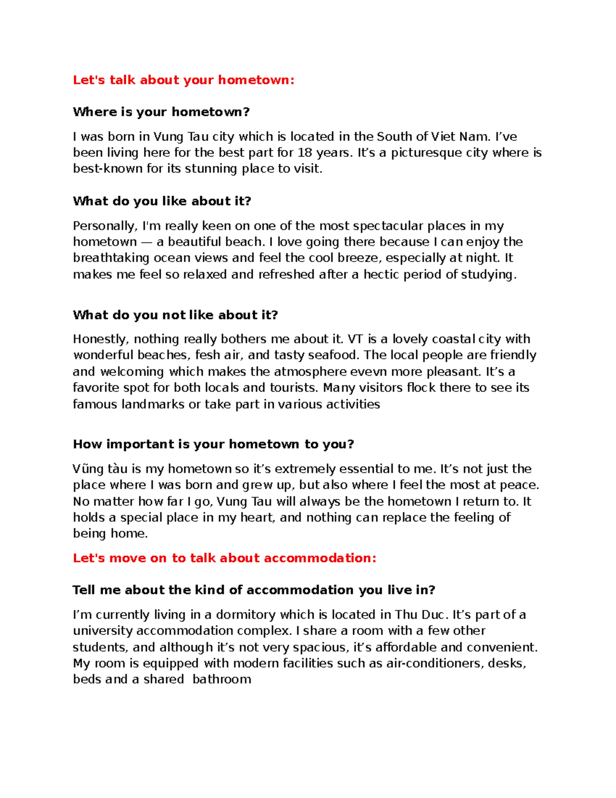 Speaking IELTS - Hometown & Accommodation Insights - Studocu