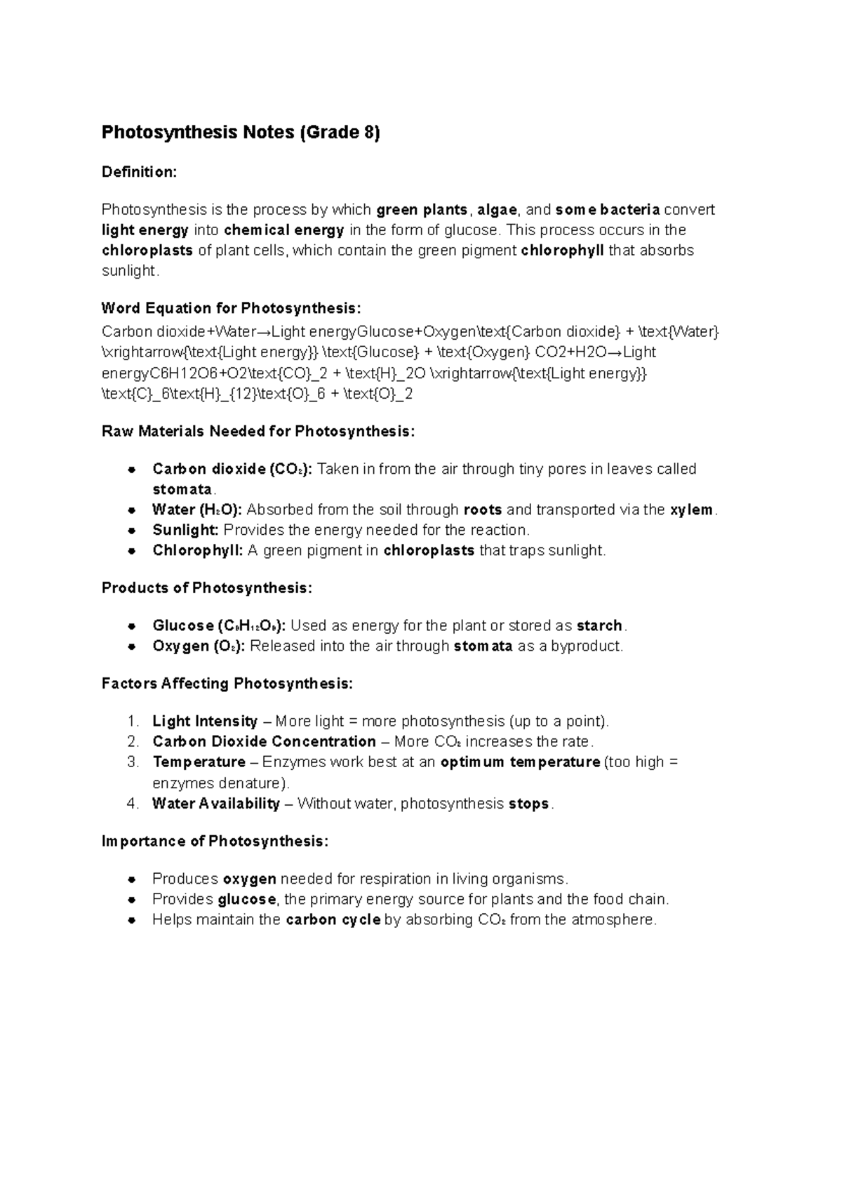 Grade 8 Photosynthesis Study Notes: Process, Factors, and Importance ...