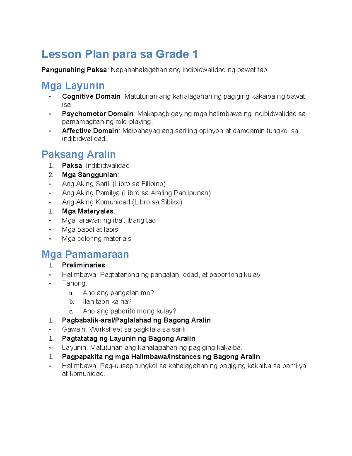 (Makabansa) 202 Lesson Plan: Kahalagahan ng Indibidwalidad sa Grade 1 ...