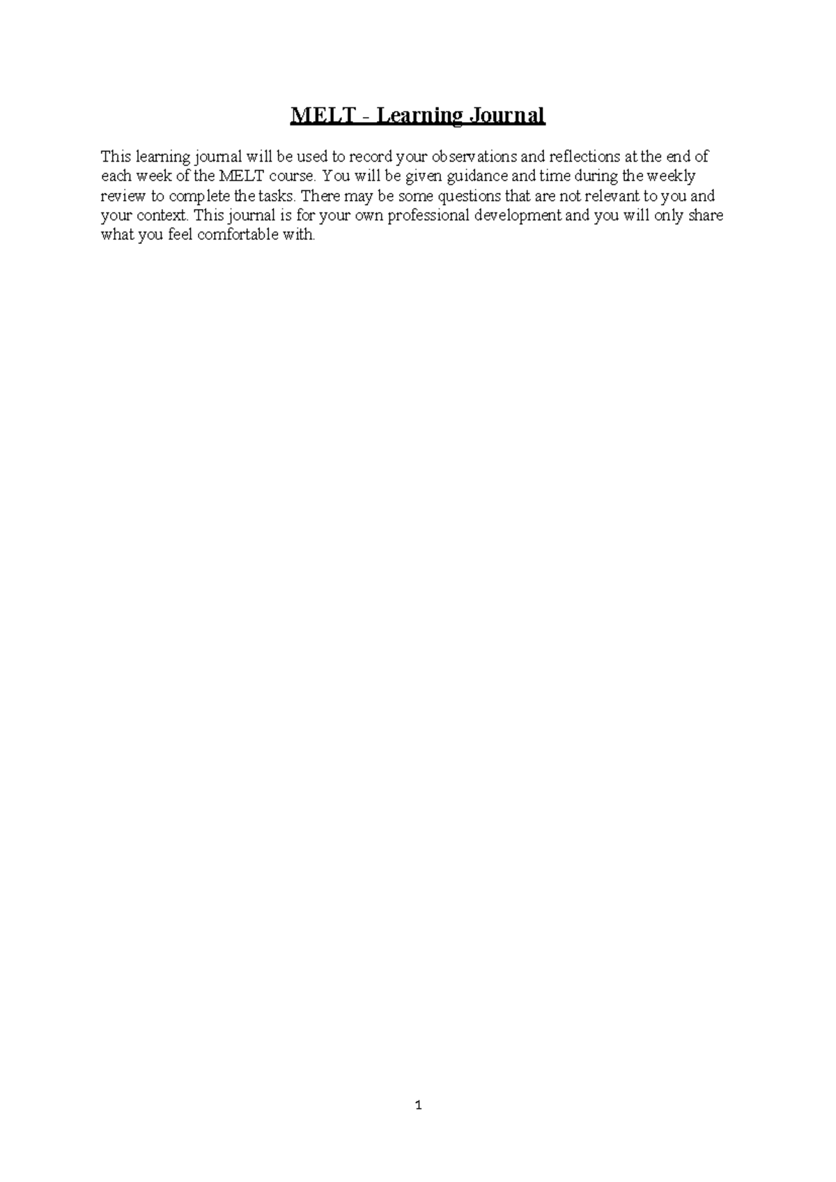 MELT Course Learning Journal: Weekly Reflections & Insights - Studocu