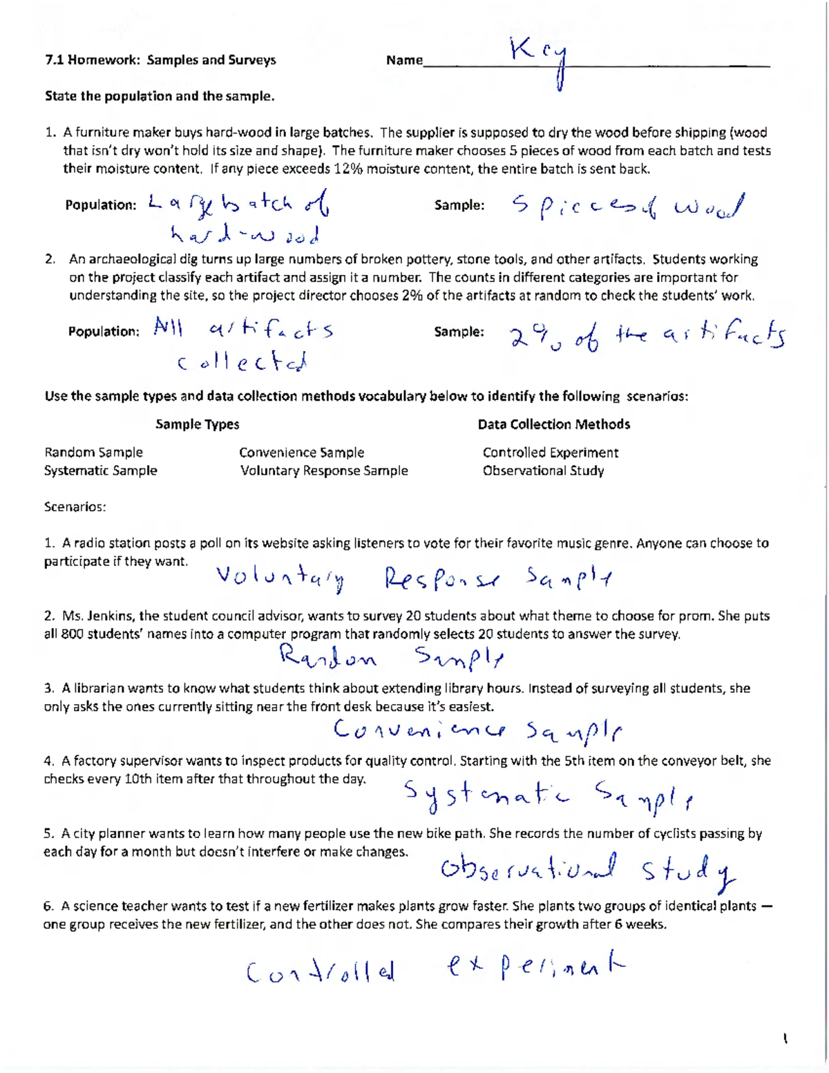 Statistics Homework Key: Samples, Surveys, and Central Tendency ...