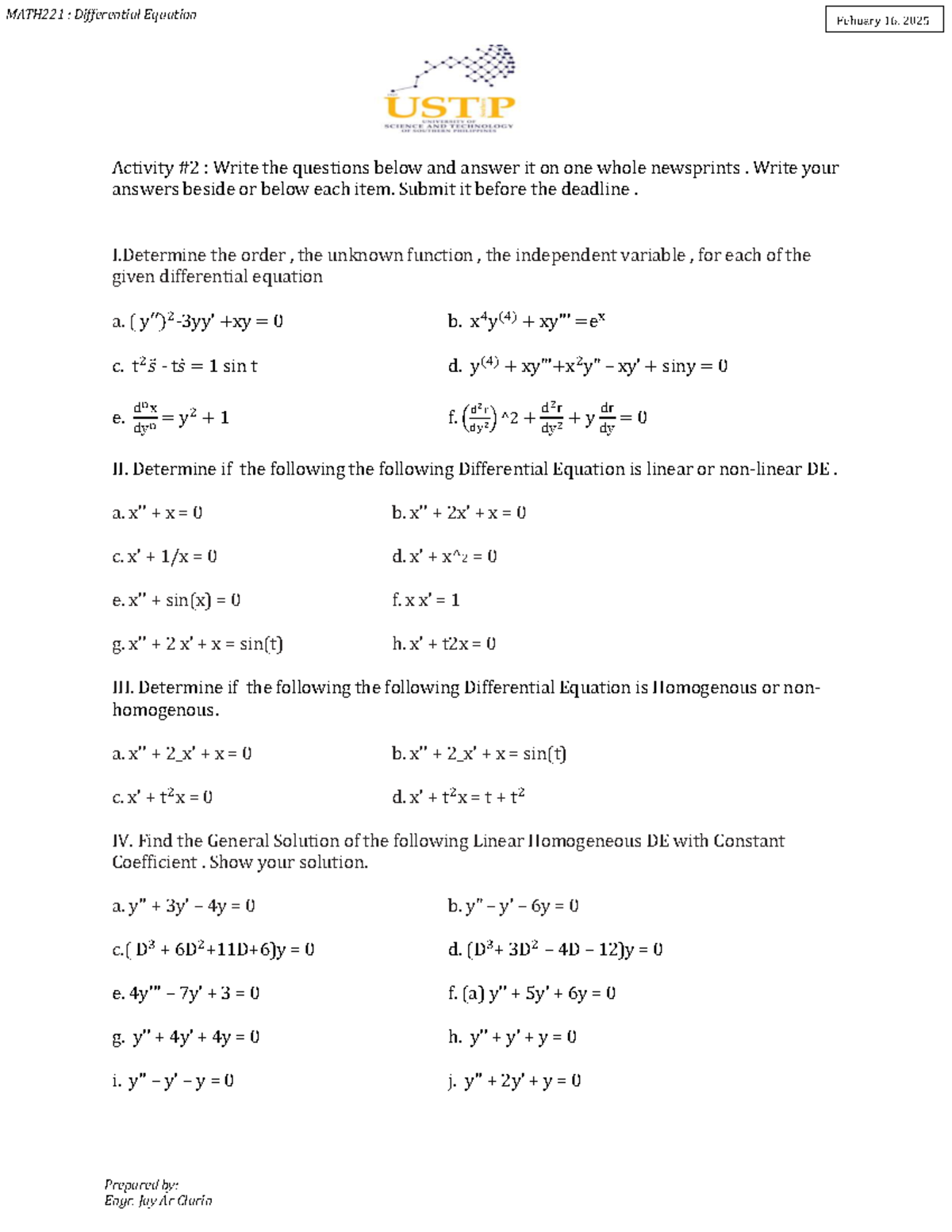 MATH221: Activity 2 on differential equations and solutions - Studocu