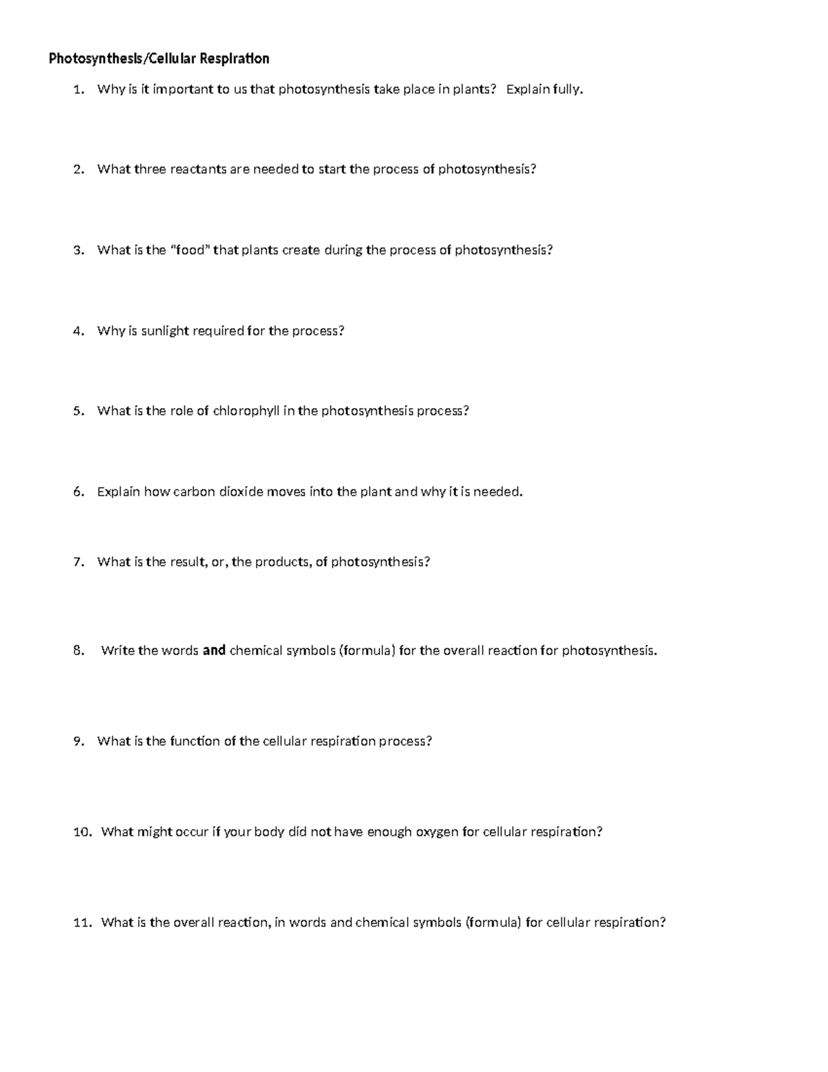 Photosynthesis and Cellular Respiration Worksheet - Photosynthesis ...