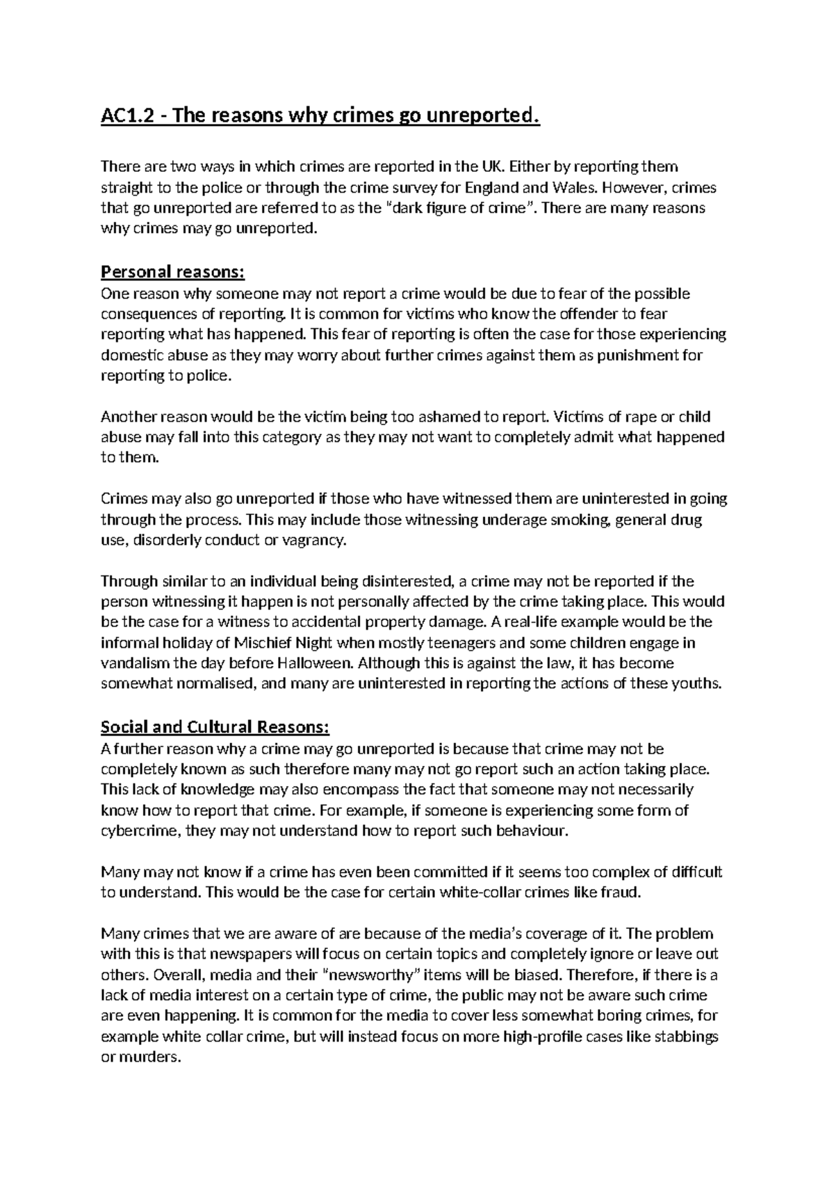 AC1.2 - Understanding the Reasons for Unreported Crimes - Studocu