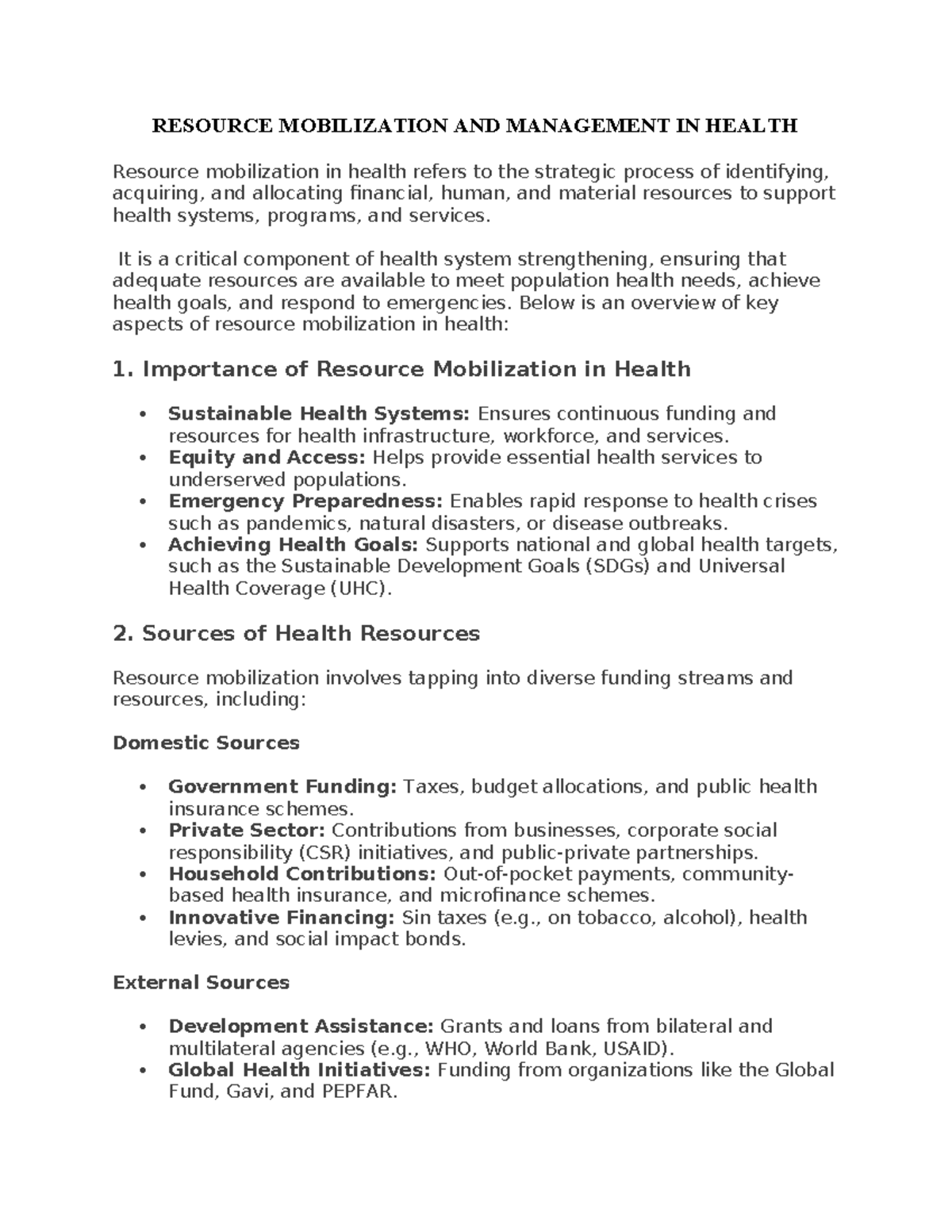 RESOURCE MOBILIZATION & MANAGEMENT IN HEALTH: STRATEGIES & CHALLENGES ...