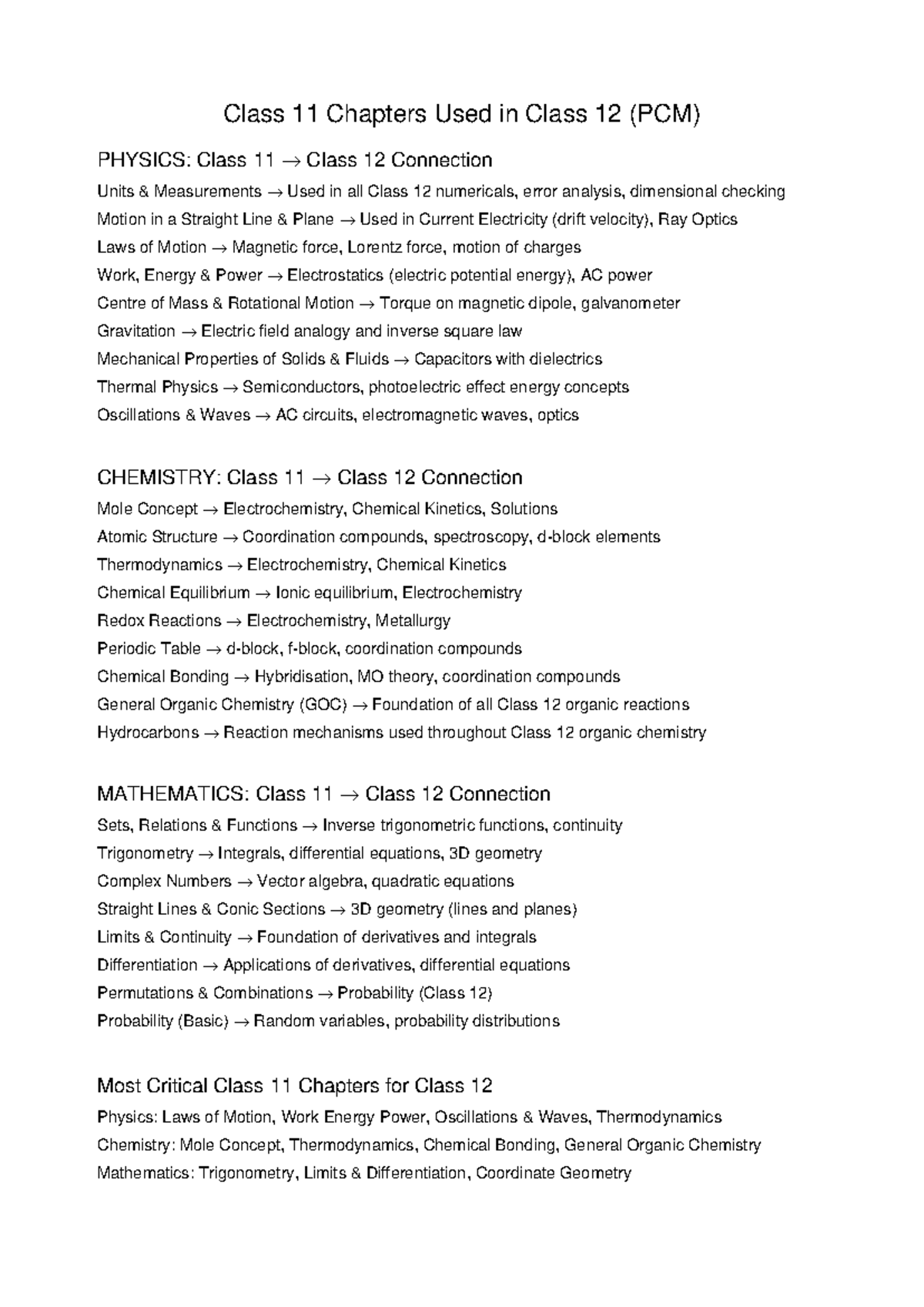 Class 11 to 12 PCM Connection: Key Chapters for Success - Studocu