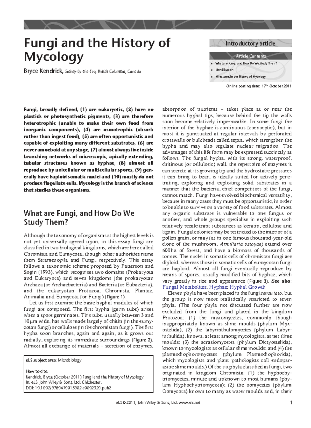 Fungi and the Evolution of Mycology: Insights by Bryce Kendrick (eLS ...