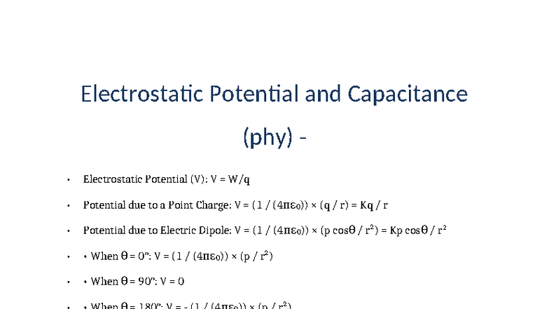 Electrostatic Potential and Capacitance Notes (PHY) - Studocu