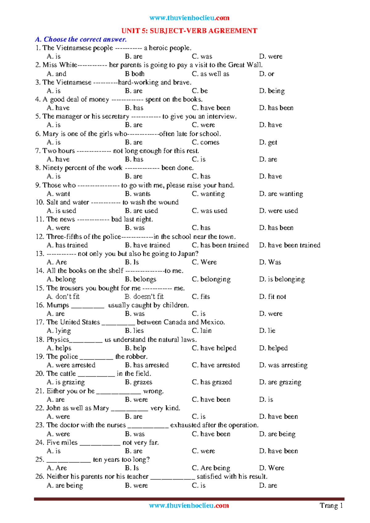 UNIT 5: Subject-Verb Agreement Practice Questions - Studocu