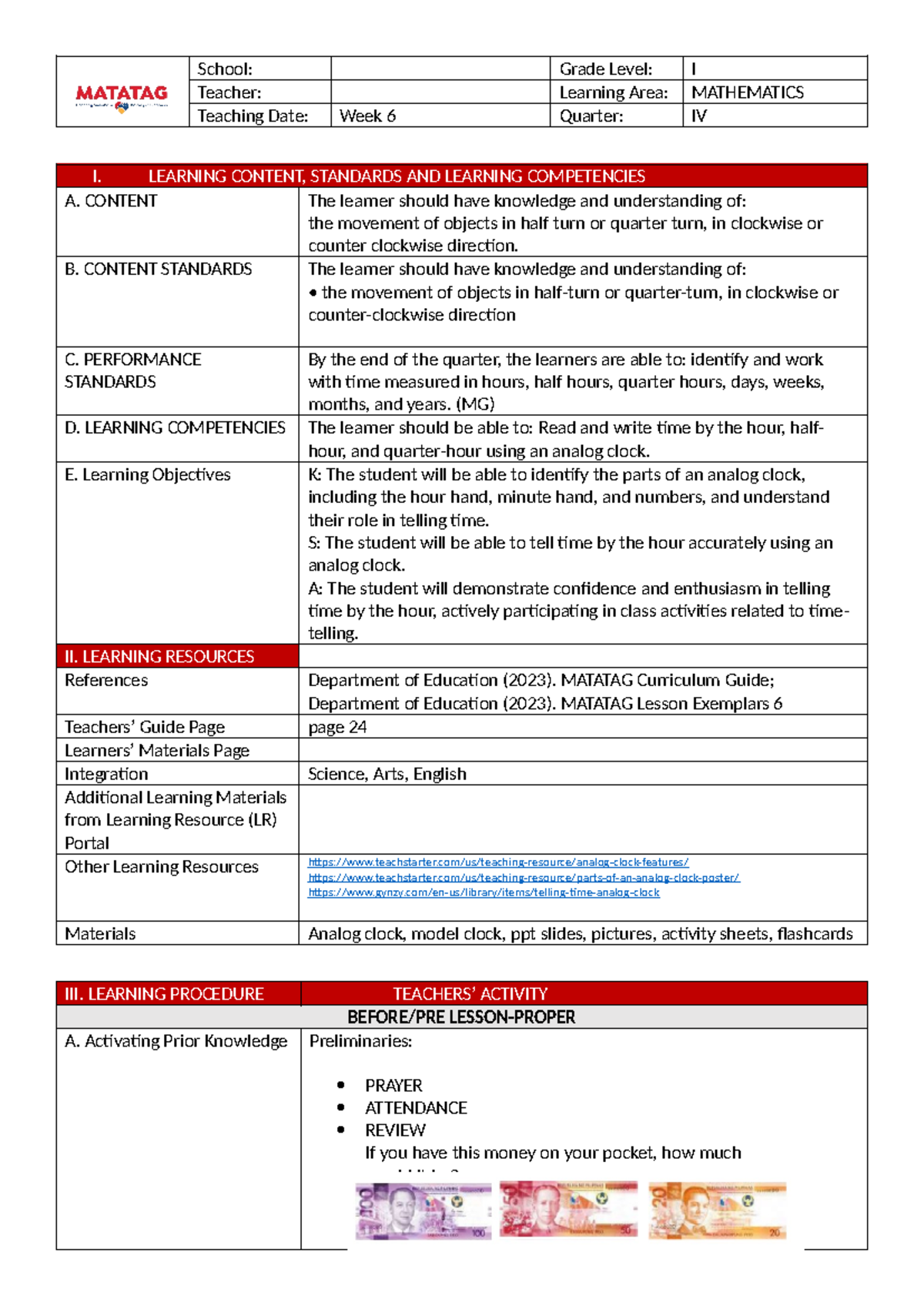MATH IV: Week 6 Lesson Plan on Telling Time with Analog Clocks - Studocu