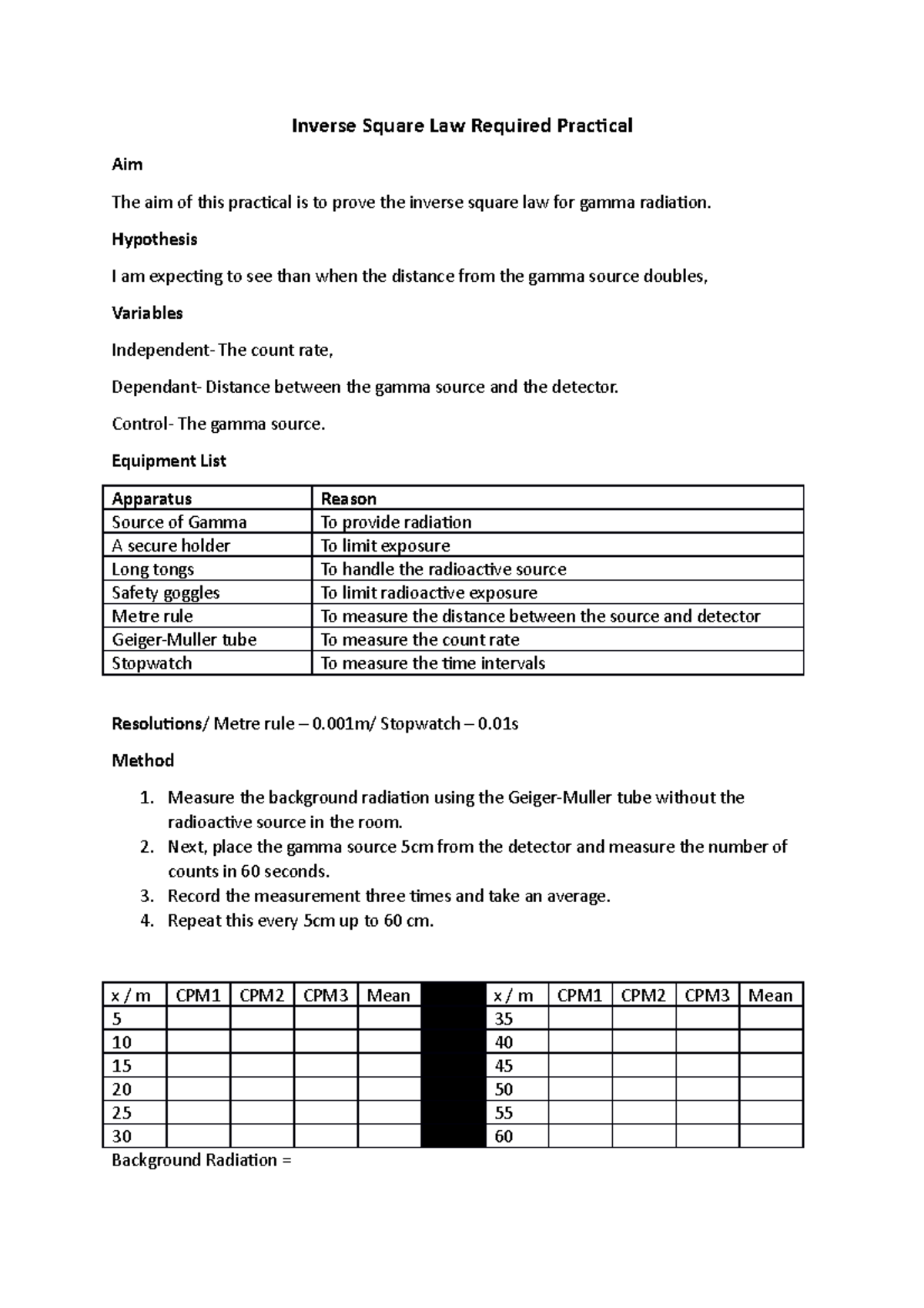 Inverse Square Law Required Practical AQA - PHAS2222 - UCL - Studocu