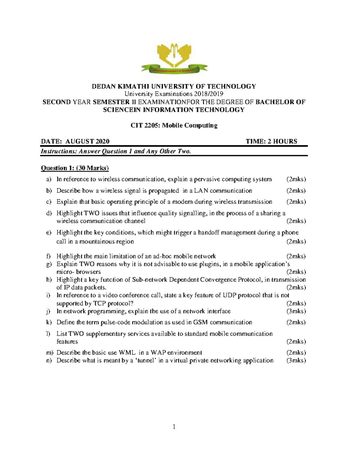 Mobile Computing - Exam Questions 2018 - 1 DEDAN KIMATHI UNIVERSITY OF ...