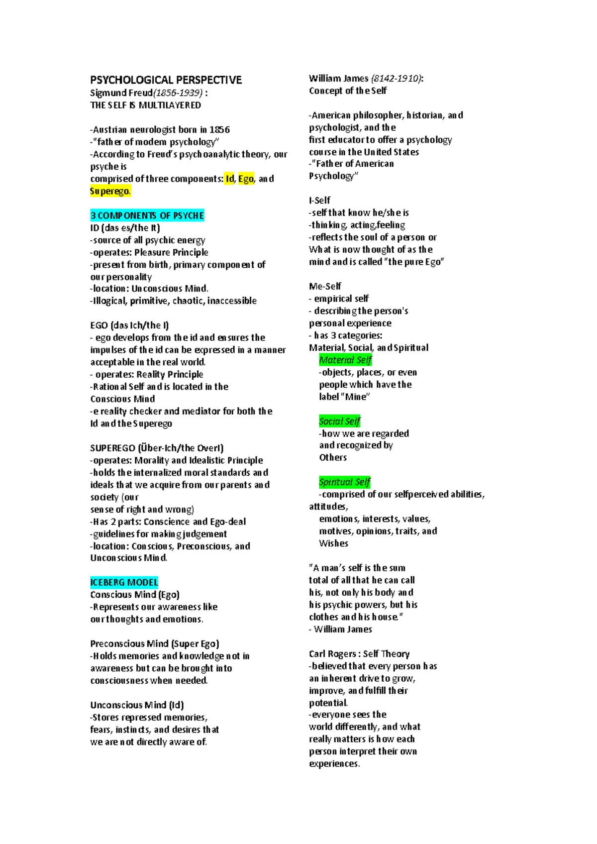 PSY 101: Psychological Perspective Notes on The Self and Psyche ...