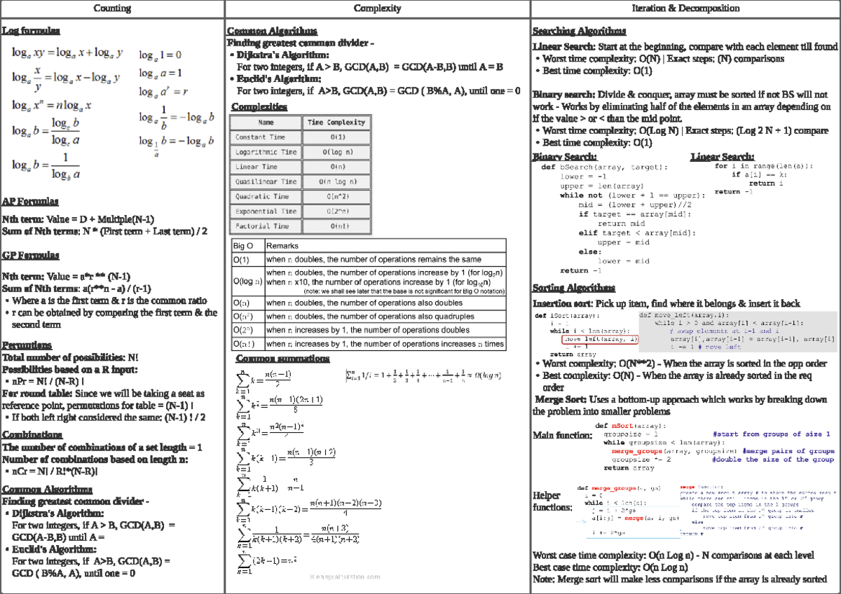 CT Midterm Cheatsheet: Counting Complexity, Iteration & Algorithms - Studocu