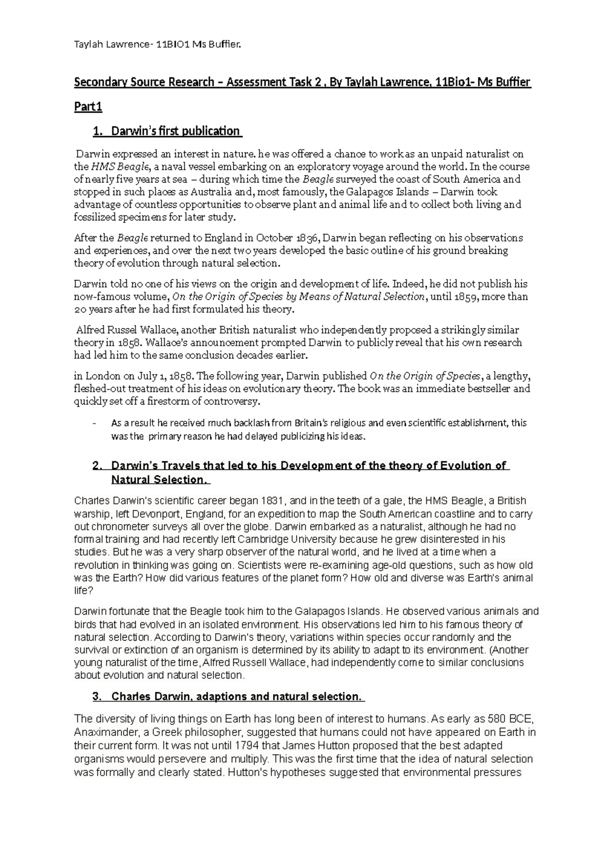 Assessment Task 2: Secondary Source Research on Darwin's Evolutionary ...