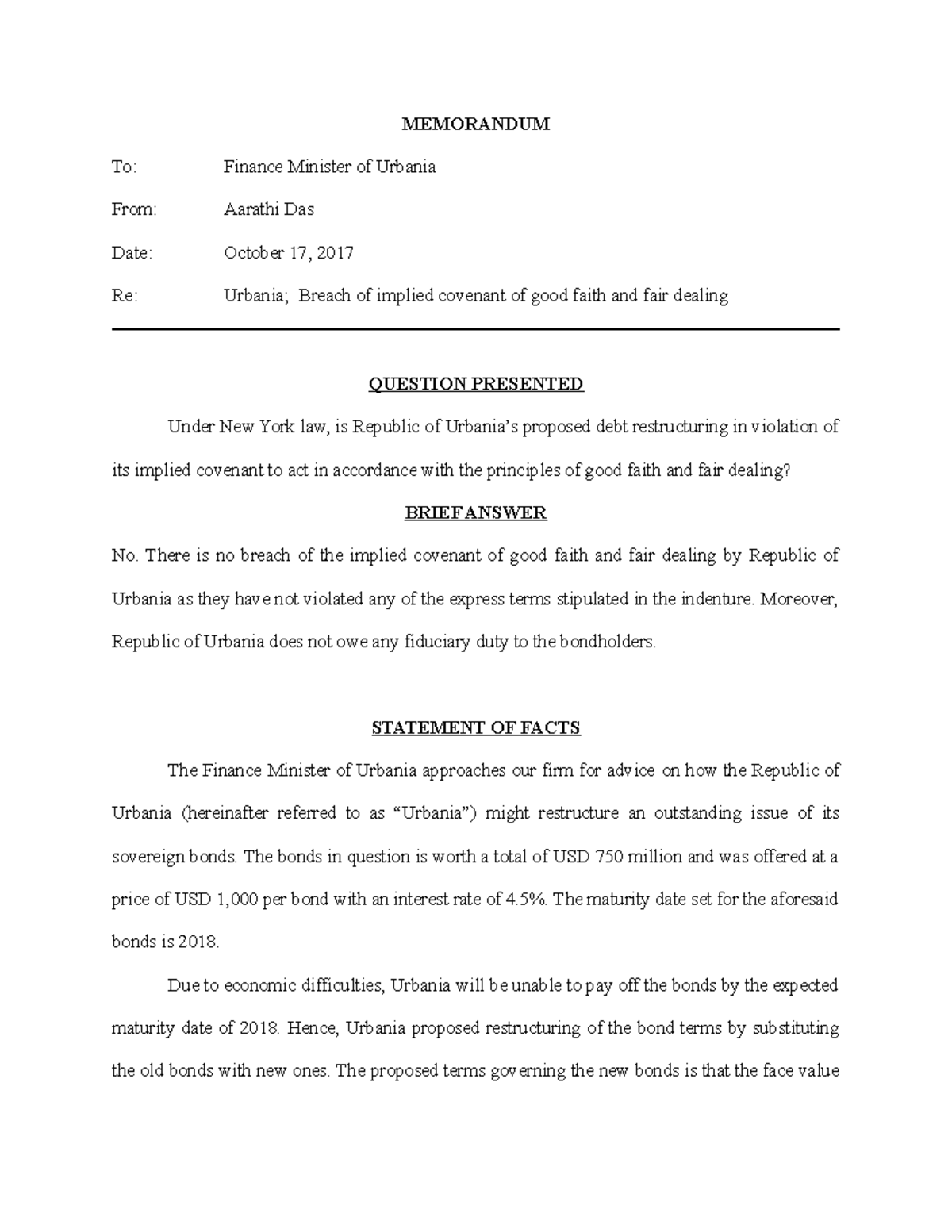 Objective Legal Memo example - MEMORANDUM To: Finance Minister of ...