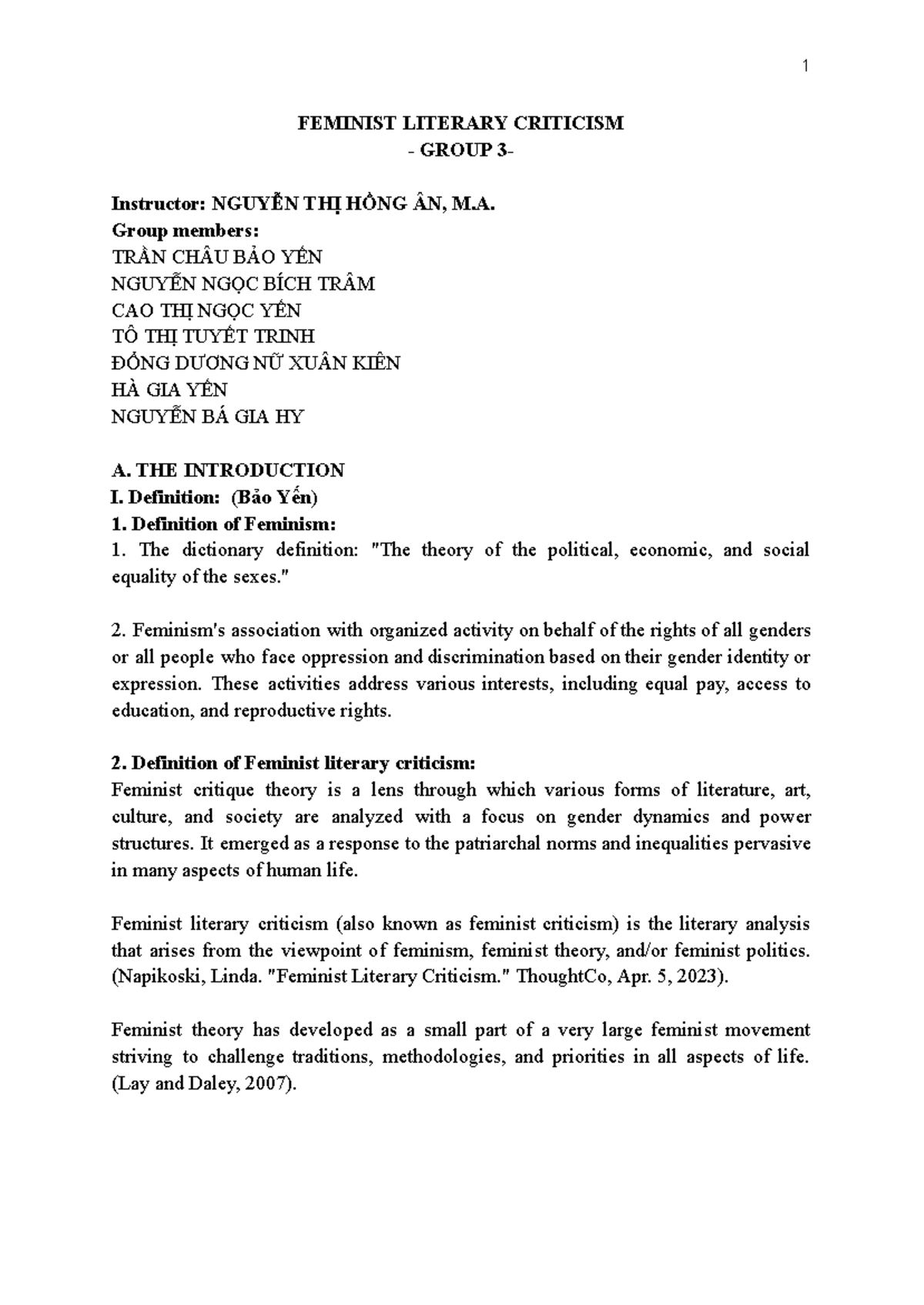 Outline Final - FEMINIST LITERARY CRITICISM - GROUP 3- Instructor ...
