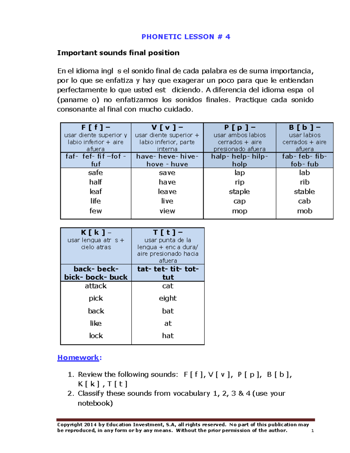 VOC4 PHONETICS LESSON #4: Final Position Sounds Practice - Studocu